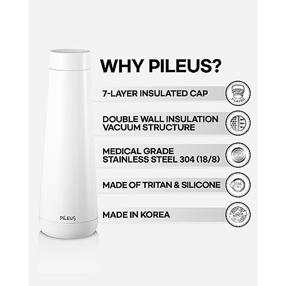 PILEUS INSULATED THERMOS WATER BOTTLE 17oz-14H Hot & 58H Cold, 7Layer Insulated Cap, Double Wall Insulation Vacuum Structure, Medical Grade StainlessSteel304(18/8) BPA-Free Tritan, Food Grade Silicone