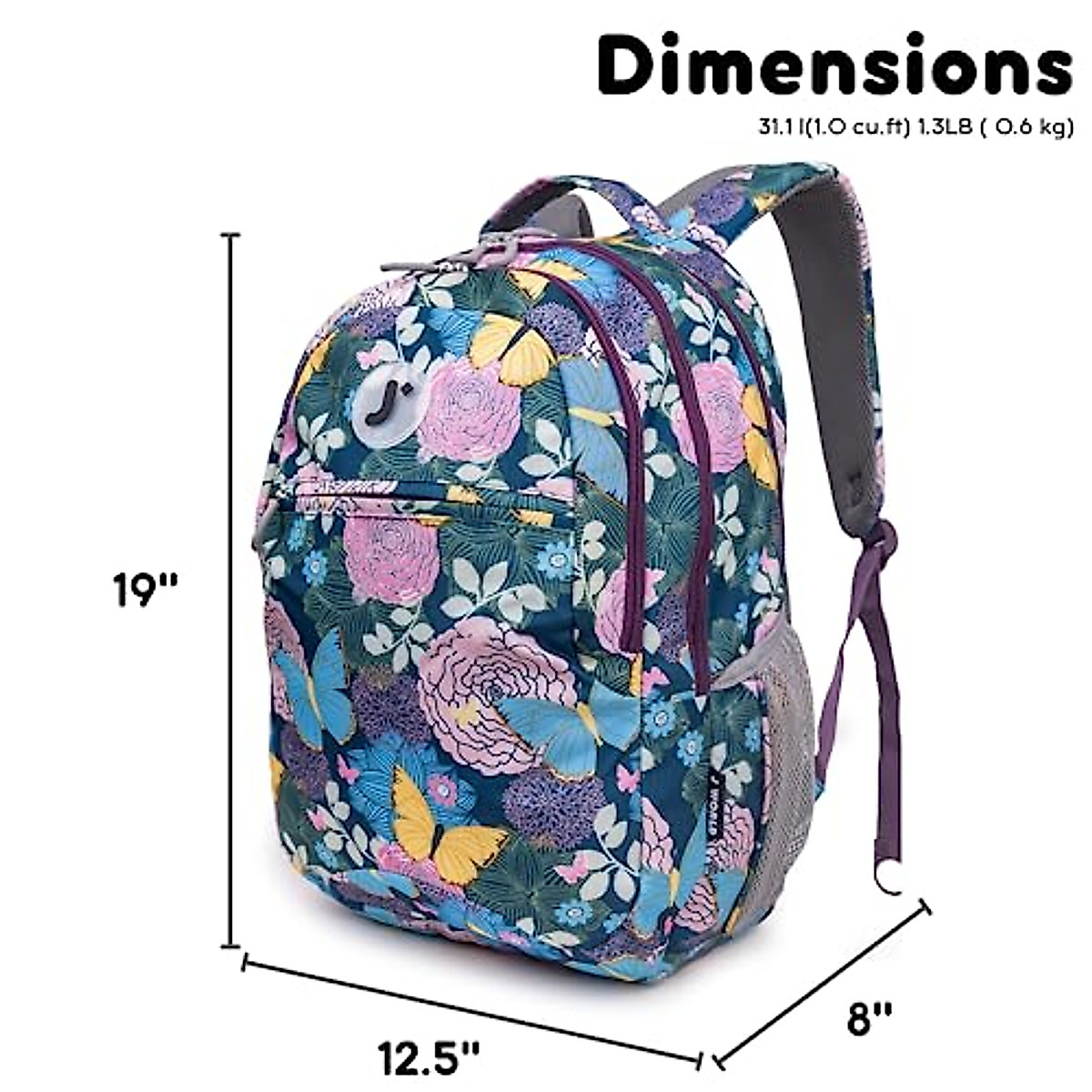 J World New York Cornelia School Backpack for Kids. Cute Womens Laptop Bookbag, Secret Garden, 18 X 12.5 X 8 (H X W X D)