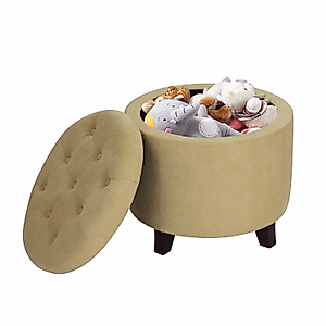 Adeco Fabric Cushion Round Button Tufted Lift Top Storage Footstool, Height 17 Inches Ottomans & Storage Ottomans, Flax Yellow
