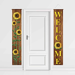 Funnytree Fall Summer Sunflower Brown Wood Texture Porch Sign Welcome Autumn Spring Floral Yard Door Banner Polyester Seasonal Decorations Windproof Backdrop Birthday Baby Shower Party Supplies 2pcs