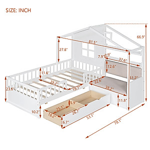 Penifun Modern Wooden House Platform Bed with Sofa, Triangular Roof Sleeper Twin Size Daybed with 2 Drawer and Storage Shelf Solid Frame No Box Spring Needed for Living Room Bedroom Apartment, White
