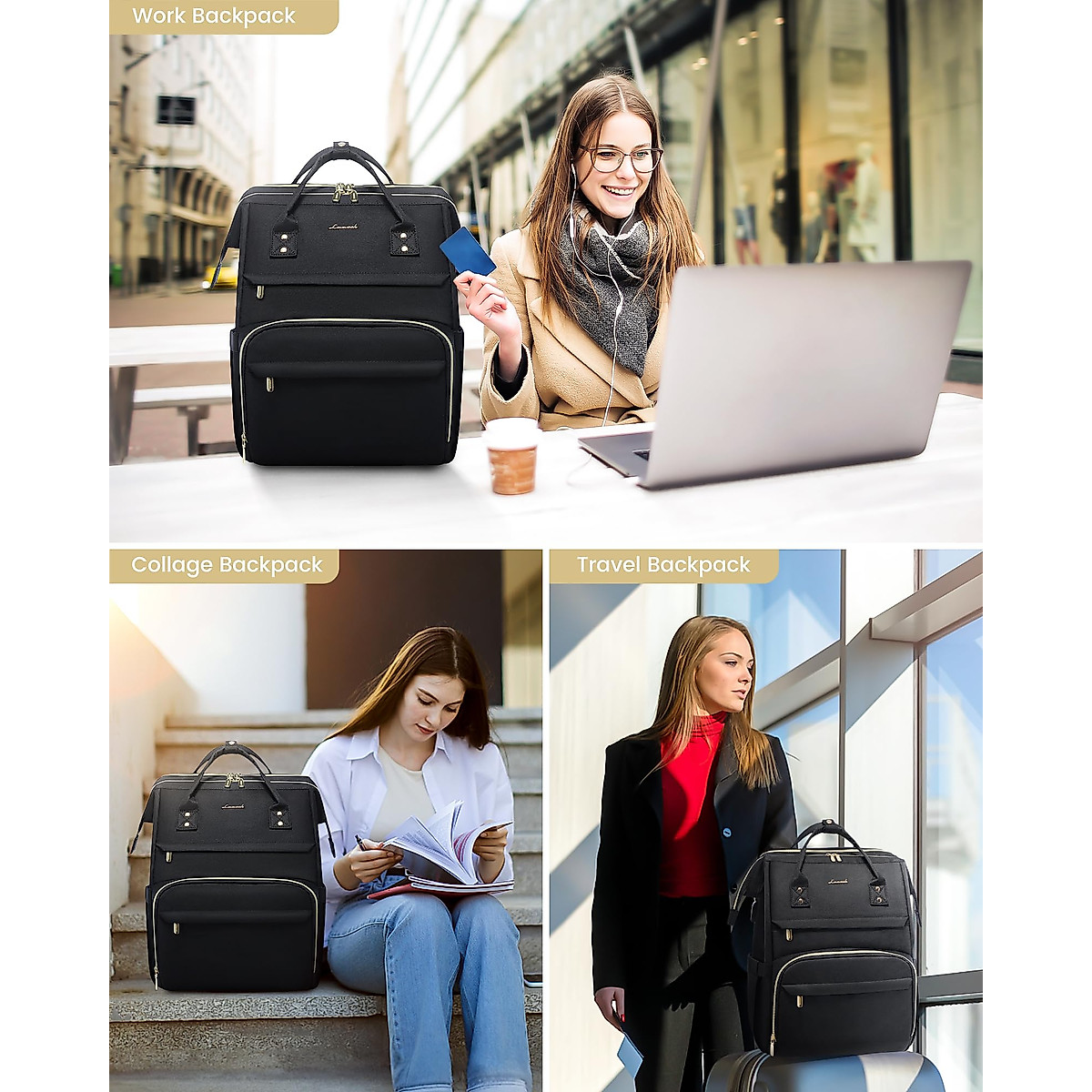 LOVEVOOK Laptop Backpack Women, 15.6 Inch Computer Backpack with Charger, Water Resistant Teacher Bag Work Backpack with Laptop Compartment for Travel Business College Bookbag, Black