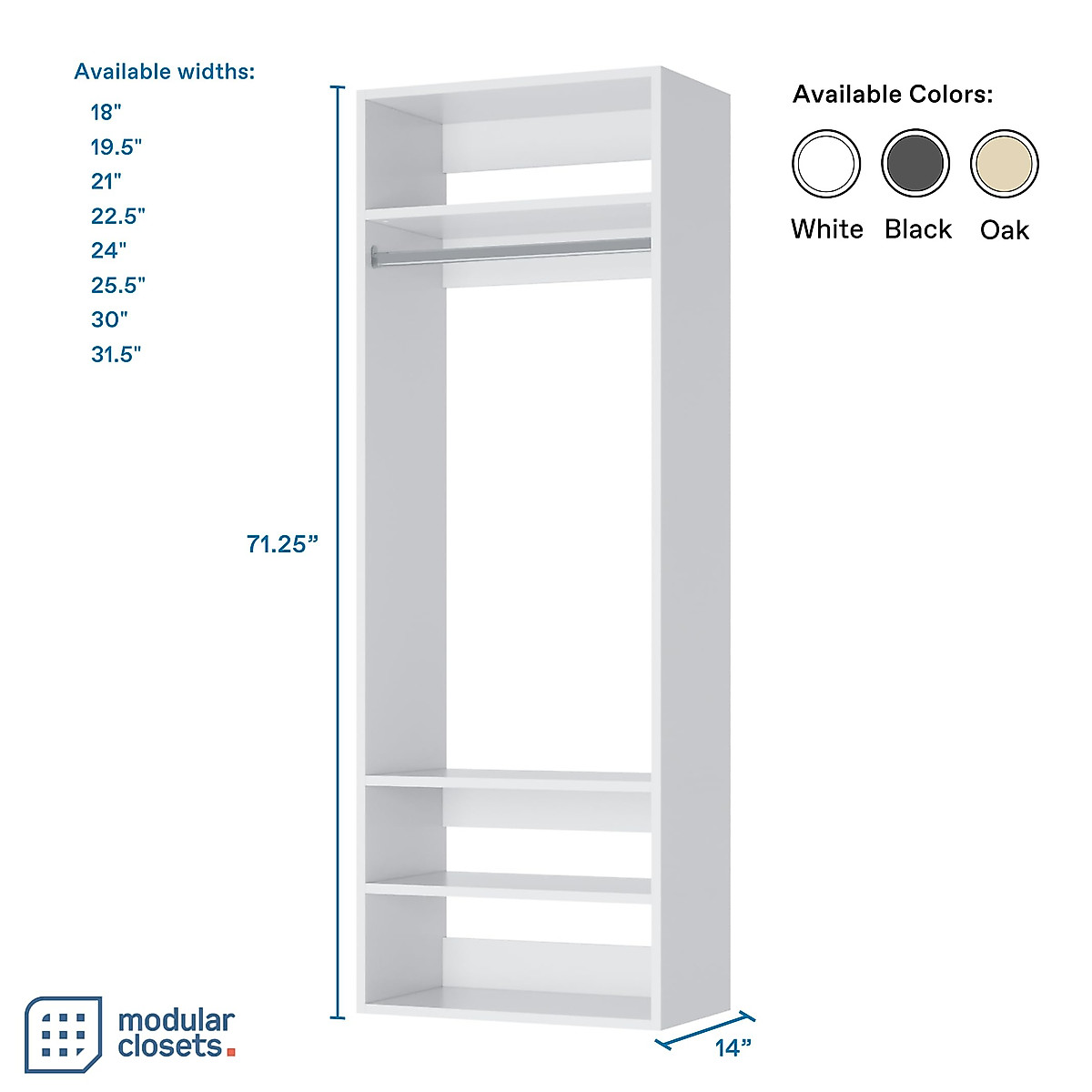 Hanging Closet Unit with Shelves - Modular Closet System for Hanging - Corner Closet System - Closet Organizers and Storage Shelves (White, 19.5 inches Wide) Closet Shelves