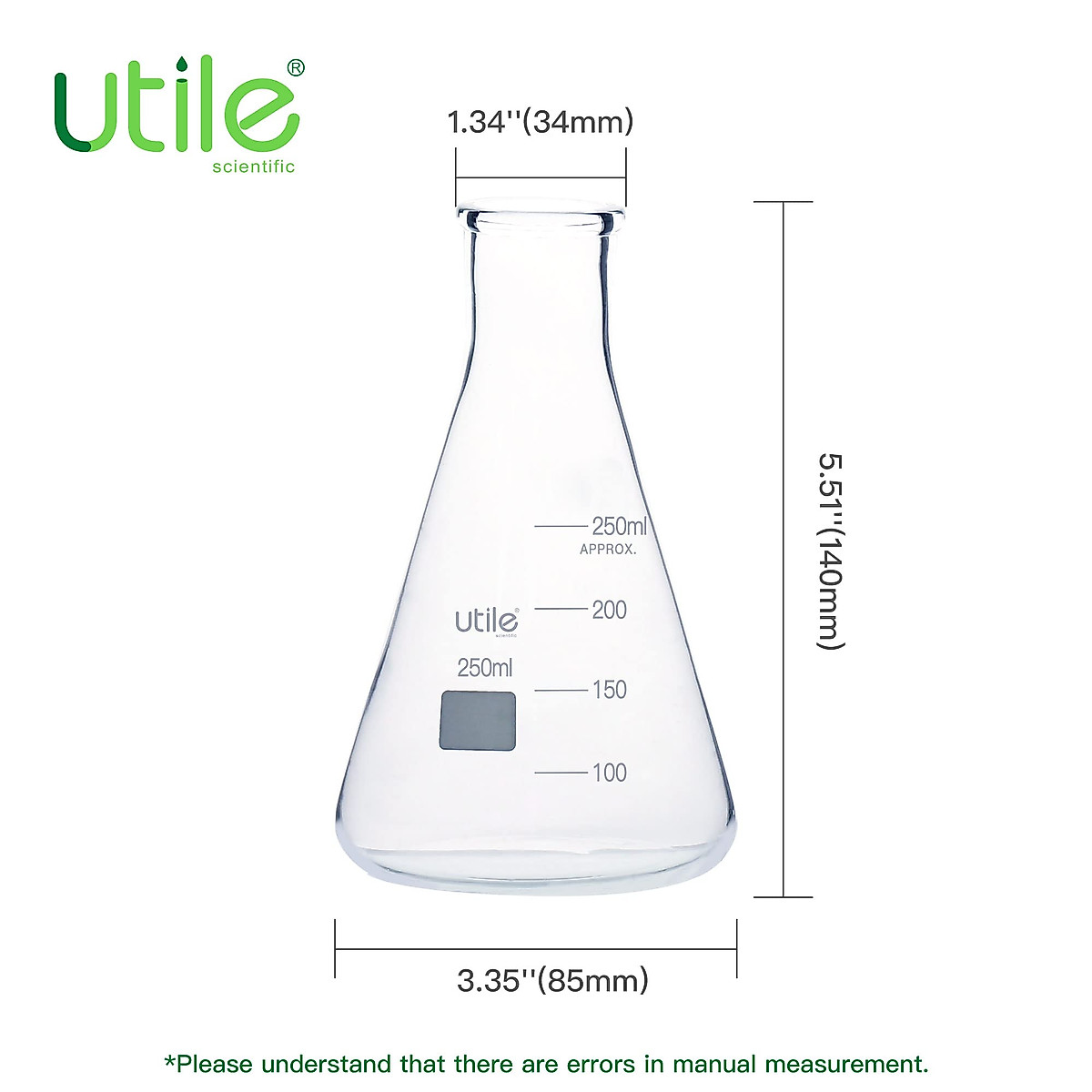 Utile Glass Erlenmeyer Flask Set, 250ml Narrow Mouth Erlenmeyer Flasks, 6pcs of Borosilicate 3.3 Glass Conical Flasks for Laboratory with Printed Graduation, 4016.0250.6