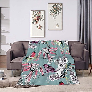 Throw Blanket 30x40 Inch,Birds Branch Flowers Blue Flannel Soft Cozy Fluffy Throw Blankets and Warm Throws for Adults in Couch Sofa Bed 40x30 Inch