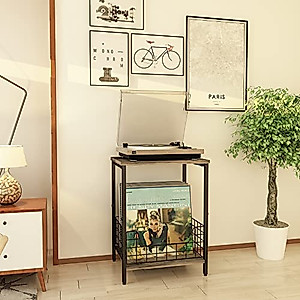2-Tier Record Player Table, Industrial Retro Side Table Nightstand Small End Table for Living Room Bedroom Kitchen Office Small Spaces, Record Player Stand with Record Album Storage-Rustic Brown