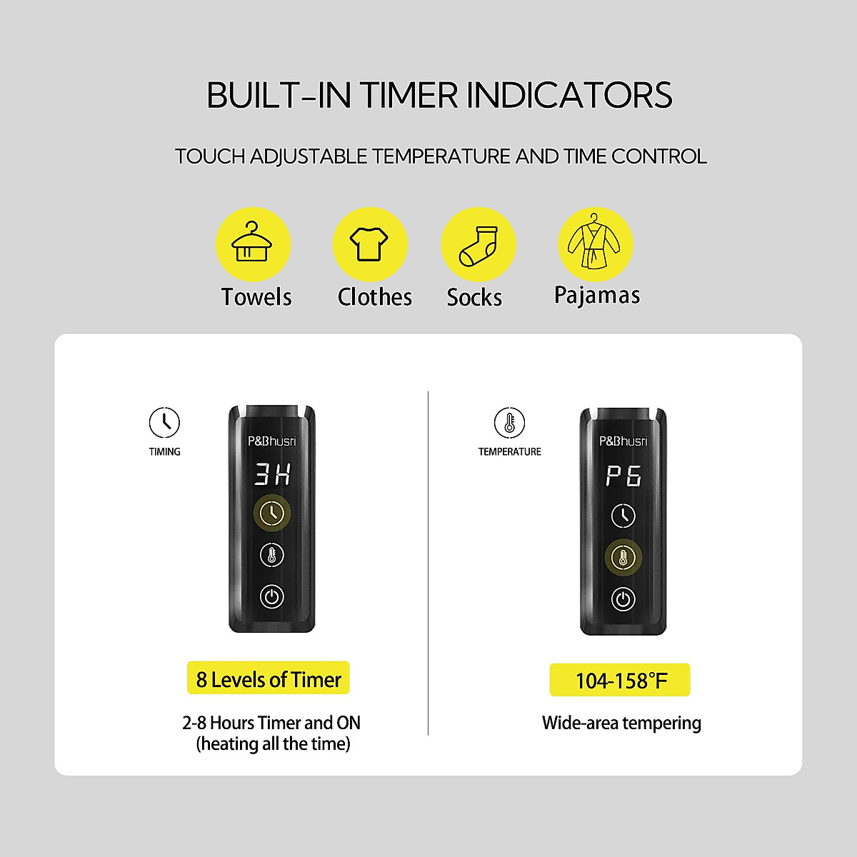 P&Bhusri Heated Towel Rack for Bathroom,Wall Mounted Electric Towel Rack with Timer and LED Indicator, 10-Bar Towel Warmer, Stainless Steel Matte Black, Hard-Wired/Plug-in