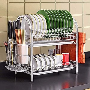 Plate Rack Dish Drainer Rack 2 Layer Stainless Steel Kitchen Cutlery Drainer Storage Organizer Tool-Free Installation Pan Plate Holder (Color : 2 Tier, Size : 40x23x42cm)