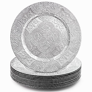 Elsjoy Set of 12 Plastic Silver Charger Plates, 13 Inch Decorative Plate Charger for Dinner Plates, Embossed Vintage Disposable Serving Plate for Home, Party, Wedding, Events