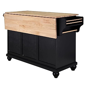 Rolling Kitchen Island Cart with 5 Universal Wheels and 5 Solid Wood Cabinet Feet,Greenguard Gold Certified,Kitchen Island with Rubberwood Drop Leaf-Mobile Kitchen Island with Storage and Drawer,Black