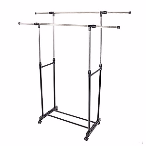 Dual-bar Vertical & Horizontal Stretching Stand Clothes Rack with Shoe Shelf YJ-04 Black & Silver,Commercial Rack Rolling Clothes Racks for Hanging Clothes Rack, Collapsible ＆ Portable Clothes Rack