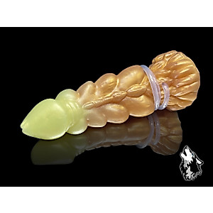 FlirtyDawg Fantasy Realistic Monster Butt Plug Anal Adult Sex Toys Platinum Silicone Dildo Dragon Dorian with cumtube Color Yellow-Gold - Handmade in USA (12 inch)