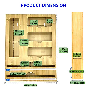 LQQBOX Bamboo Ziplock Bag Storage Organize, 6 in 1 Bamboo Wrap Dispenser Compatible with 12" Parchment Paper Roll Cutter for Gallon, Quart, Sandwich Bags, Roll etc