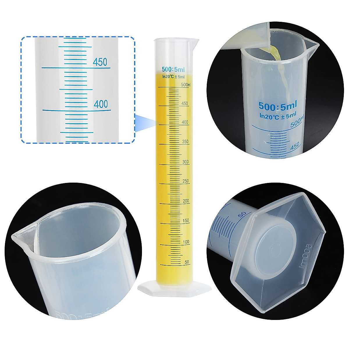 AKOLAFE 4 Pack 500ml Plastic Graduated Cylinder, Transparent Measuring Cylinder Set, Science Measuring Test Tube Flask with 2-Sided Marking & Pour Spout, for Science Projects, Laboratory Supplies