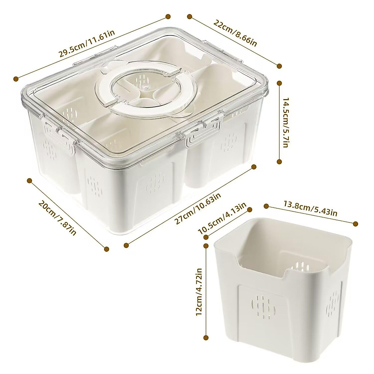 HNXAZG Divided Serving Tray with Lid and Handle, 4 Compartments Fruit Storage Containers, Food Storage Containers for Fruit, Vegetable, Entertaining, Party, Picnic, White