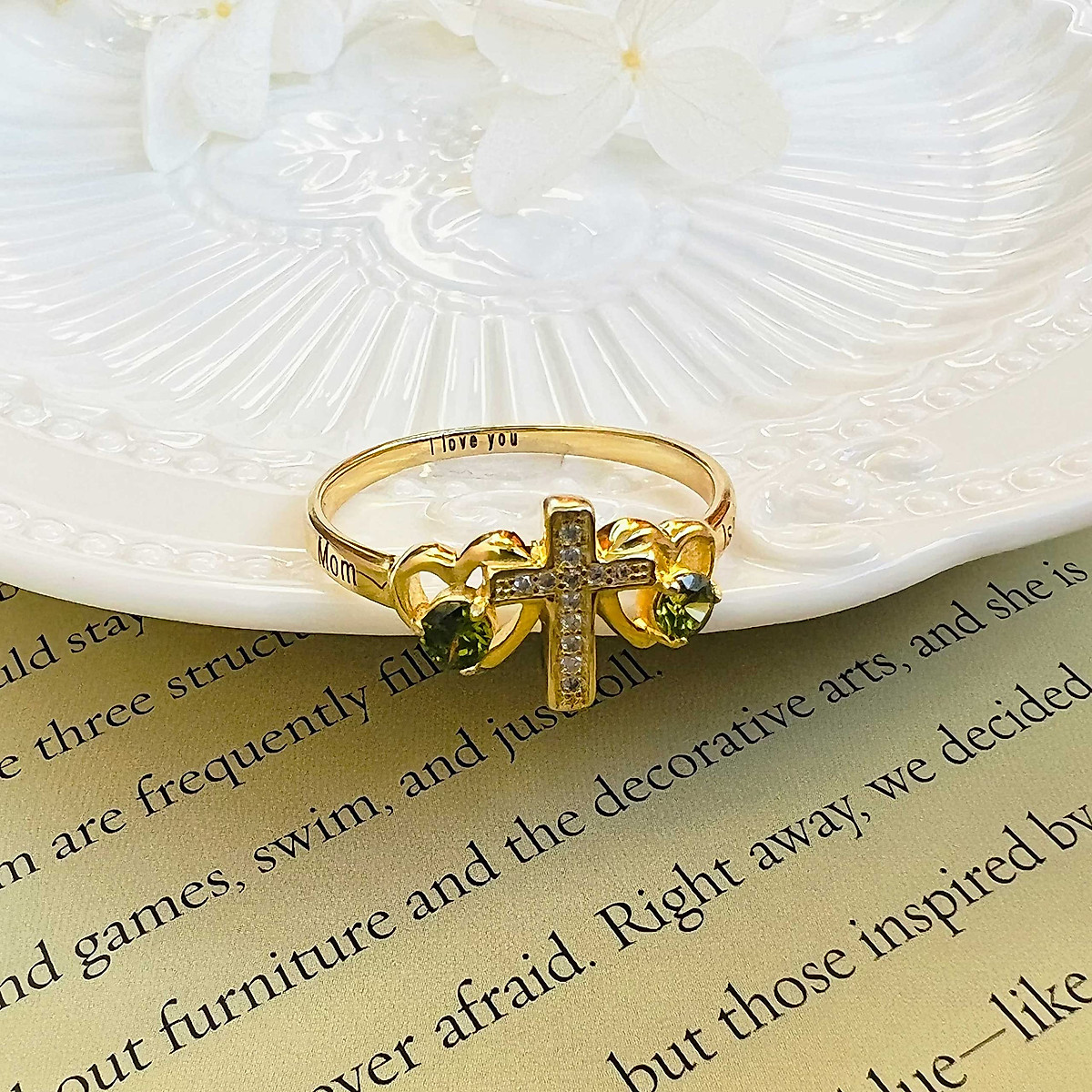 EBAT Mothers Day Ring With 2 Birthstones Mother Daughter Christian Jewelry Cross Rings for Women Birthstone Ring Heart Promise Personalized Engraved Custom Name Sterling Silver Best Friends (1)