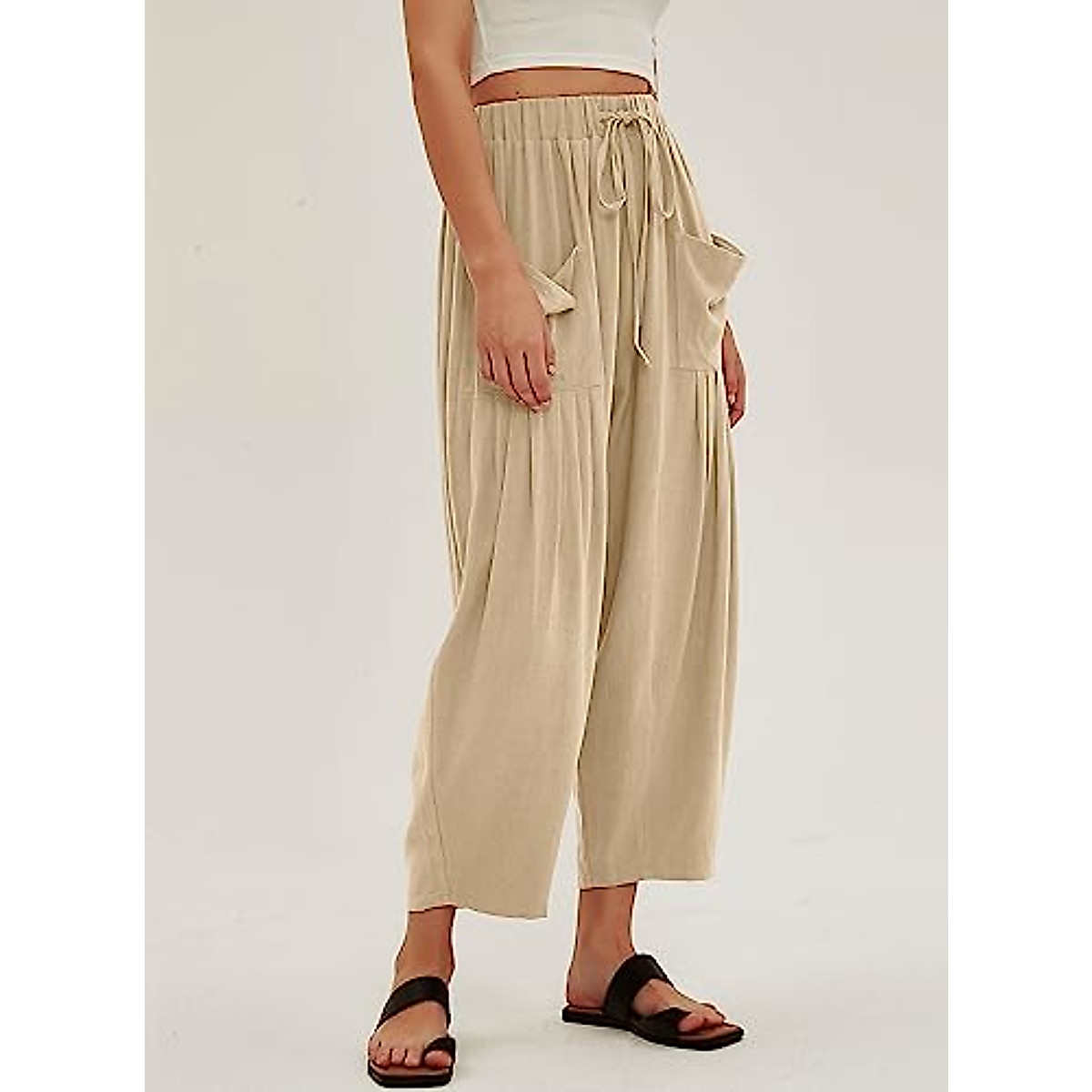 Beaully Women's Linen Pants Casual Loose High Waist Drawstring Wide Leg Capri Pants Trousers with Pockets 6094 Apricot Medium