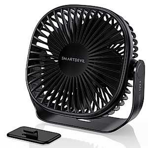 SMARTDEVIL Small Rechargeable Desk Fan, 3 Speeds 2000mAh Portable Personal Battery Operated Desktop Fan with Pasteable Hook, Dual 360° Adjustment Quiet Table Fan, for Home Office Outdoor (Black)