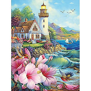 5D Diamond Painting Numbers Kits for Adults,DIY Full Drill Diamond Painting Seaside Lighthouse Round Diamond Art Crystal Craft for Home Wall Decor Gift(12x16inch)