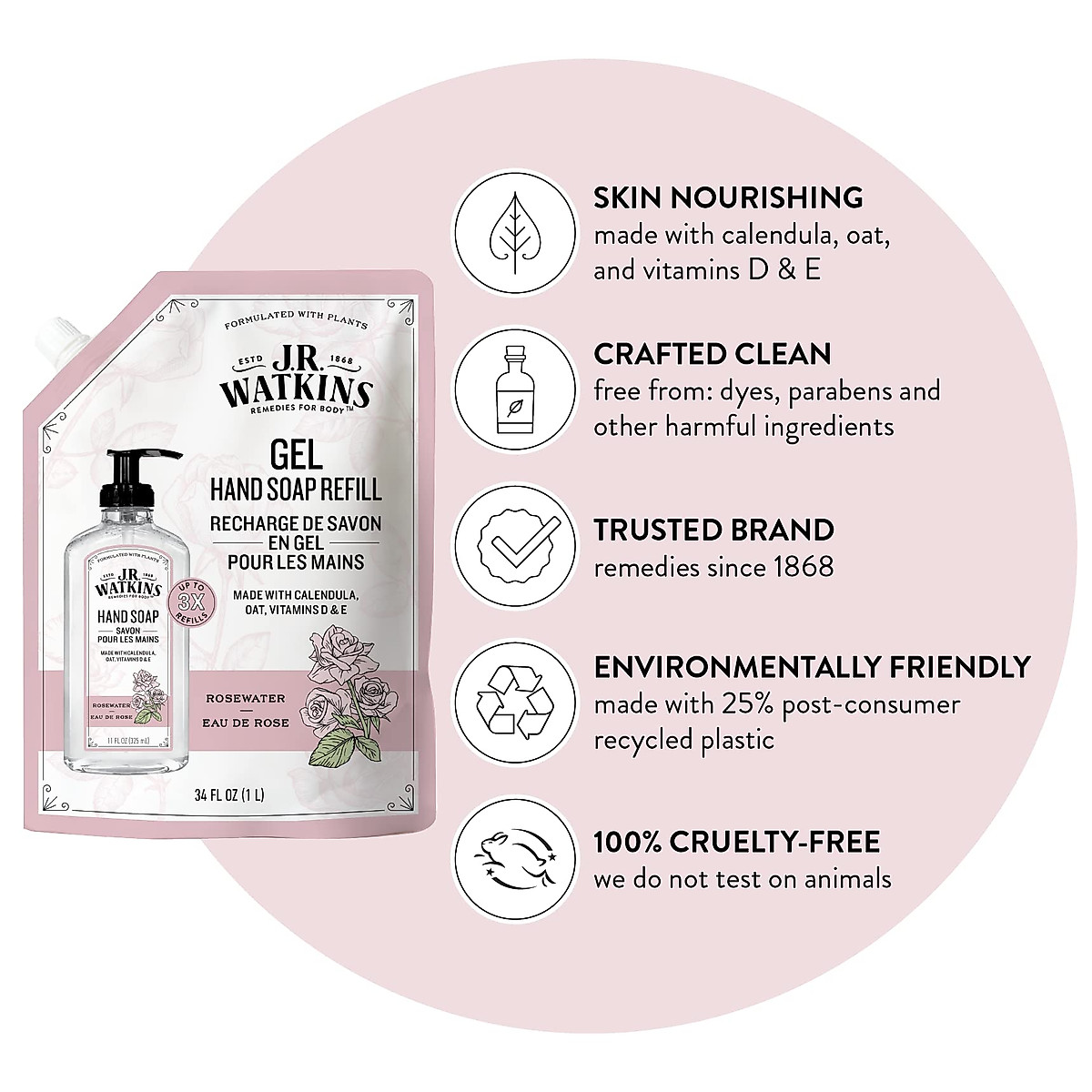 J.R. Watkins Gel Hand Soap Refill, Moisturizing Hand Wash, All Natural, Alcohol-Free, Cruelty-Free, USA Made, Rosewater, 34 Fl Oz, 3 Pack