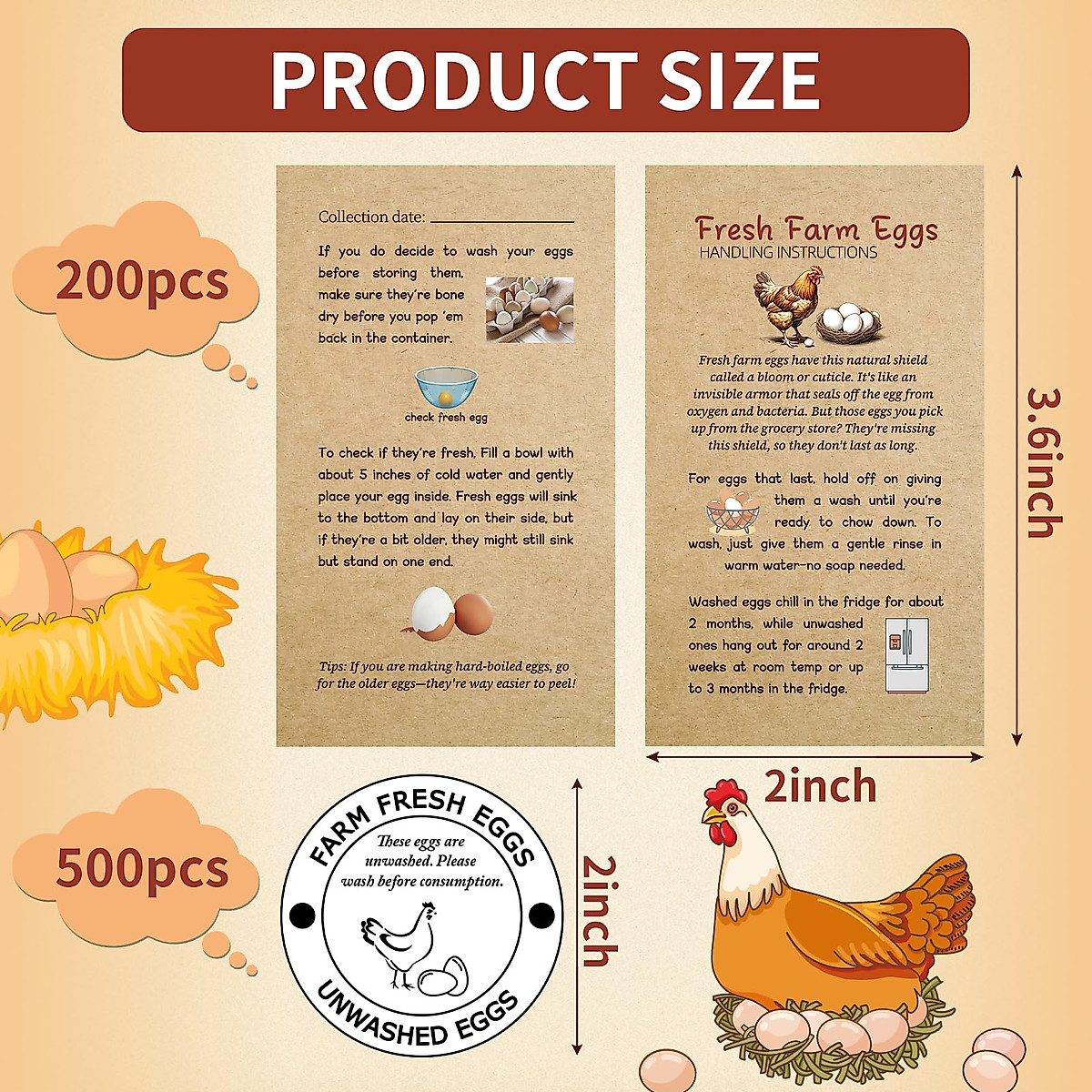 ZANHIX 200 Pcs Farm Fresh Eggs Handling Instructions and 500 Pcs Egg Cartons Labels, 2 x 3.5 Inches Egg Stamps for Fresh Eggs Card, 2 Inch Egg Carton Stickers for Fresh Eggs Sign