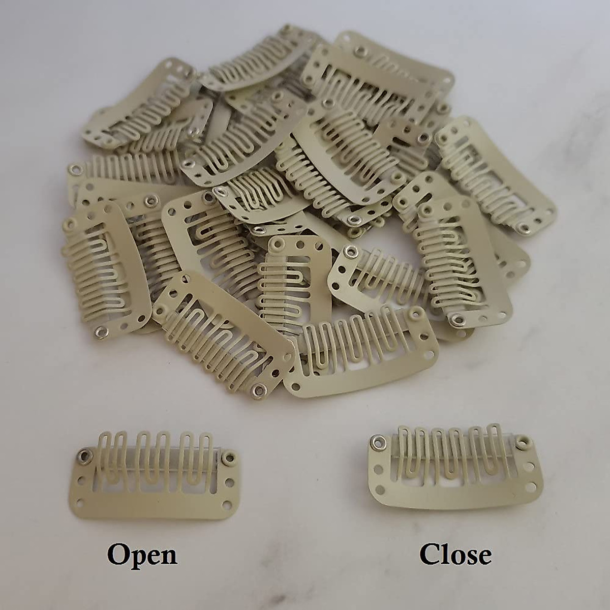 70PCS Kit U-Shape Snap Clips for Hair Extensions 6 Teeth Metal Wig Clips Blonde Hair Weave Thread Needle Kit with Curved Needles T Pins Needle Threader Thimble,Beige