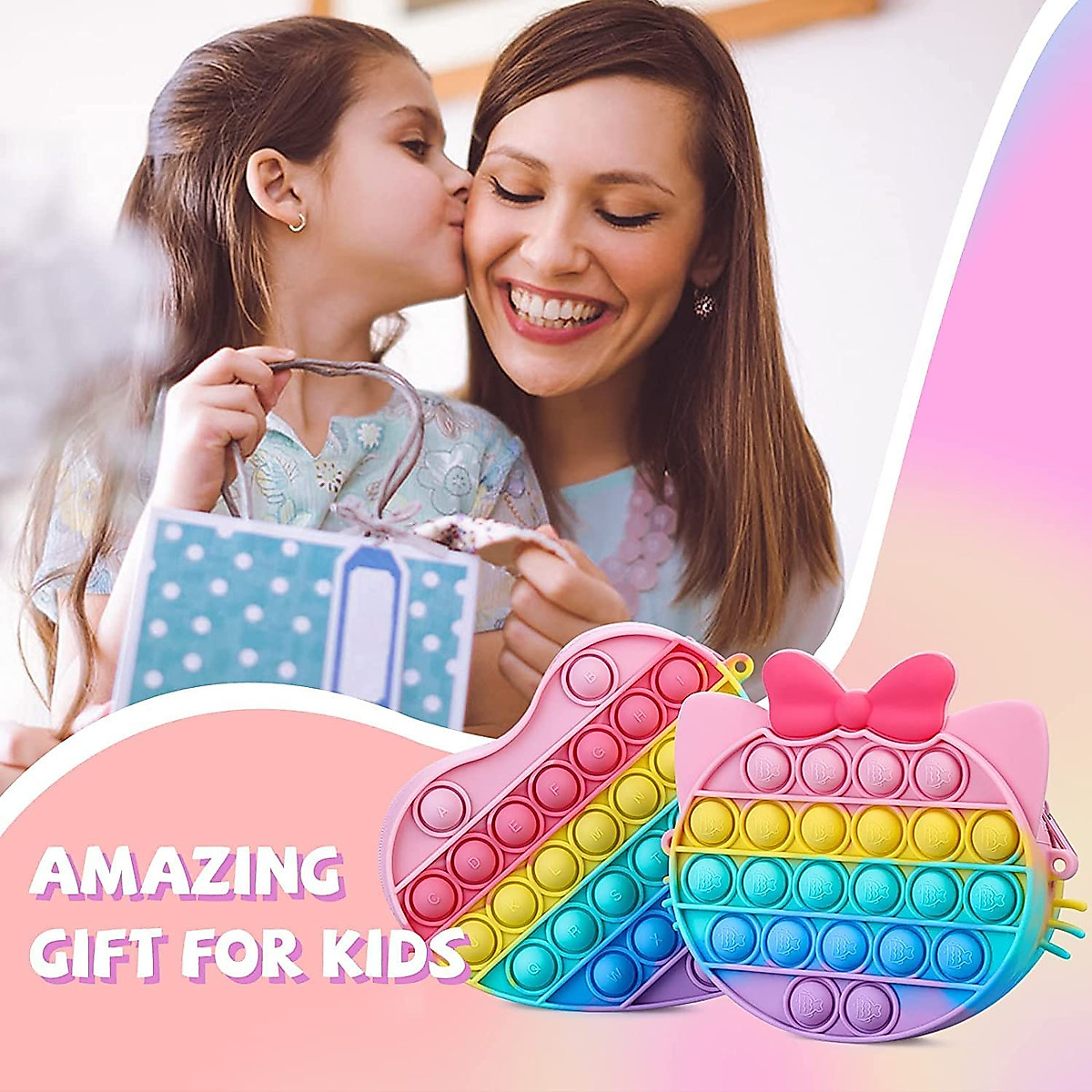 Pretty Cute Coin Purse Push Pop Bubble Purse Handbags, Fidget Toy Crossbody-Bag, Rainbow Silicone Sensory Toys Messenger Bag with Adjustable Shoulder Strap for Grils Kids and Aldults(Kitty cat)