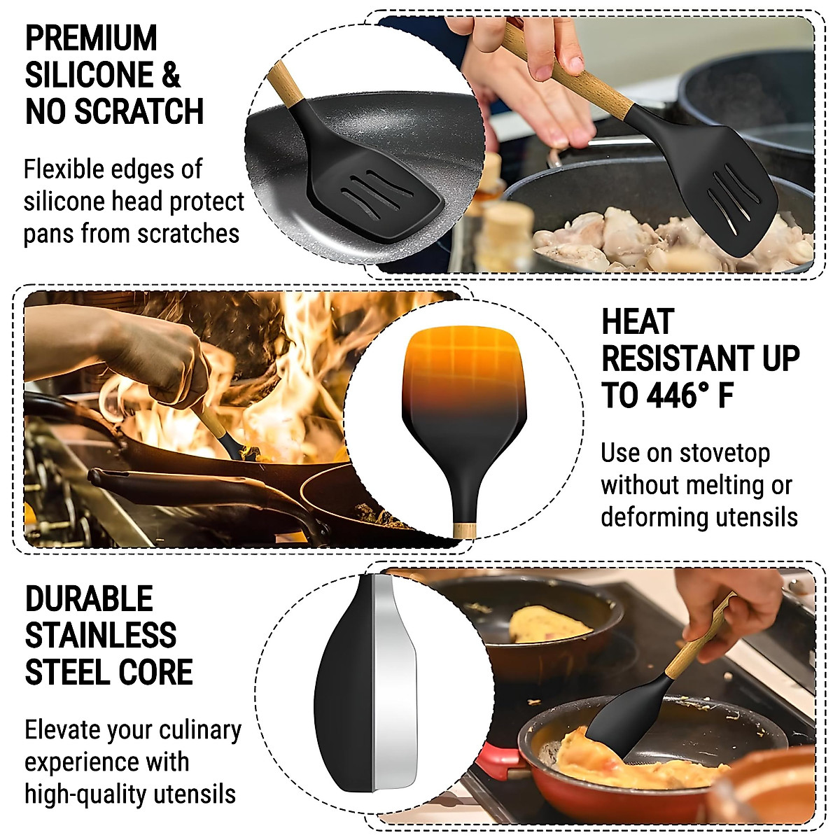 Kitchen Utensils Set, 33 pcs Non-Stick Silicone Cooking Utensils Set, Heat-Resistant Silicone, Wooden Utensils for Cooking, Kitchen Gadgets Spatula Set, Apartment Essentials Kitchen Set (Black)