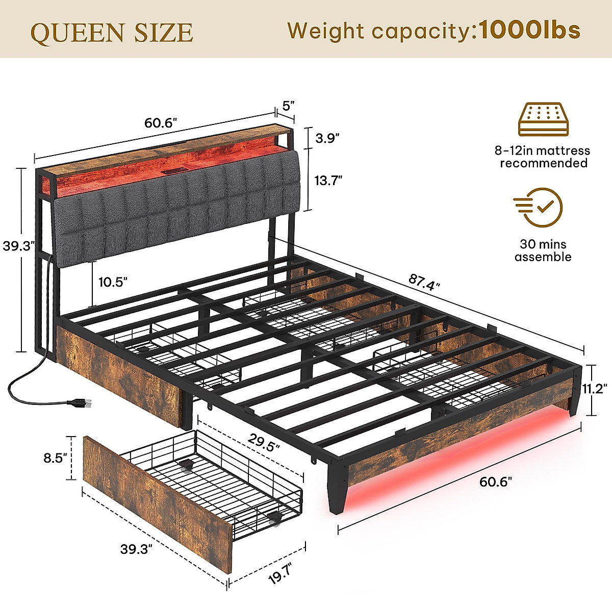YITAHOME Queen Size Bed Frame with RGB LED Lights and 4 Drawers, Upholstered Platform Bed with Charging Station and Storage Headboard, No Box Spring Needed, Noise-Free, Fast Assembly, Rustic Brown