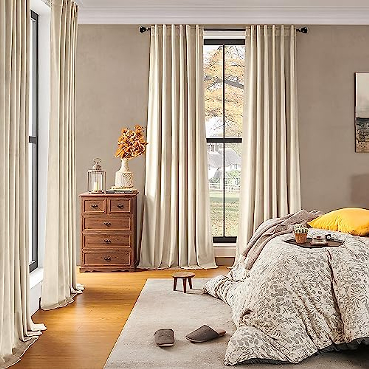 Topfinel Cream Velvet Curtains for Bedroom 96 Inches Length 2 Panels Modern Boho Rod Pocket Blackout Window Treatments Curtains 96 Inches Long for Living Dinning Room Nursery Sliding Door,52x96,Beige