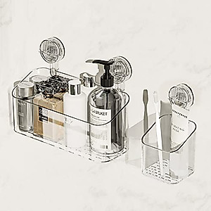 DEEIF Shower Caddy Suction Cup Clear Bathroom Shower Organizer Strong Suction Shower Shelves Storage Basket for Bathroom Inside Shower (Clear Basket + Toothbrush Holder)