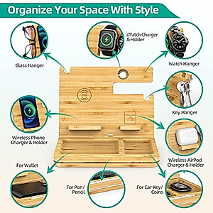 Bamboo Phone Docking Station, OTESS 6 in 1 Wireless Charging Station Compatible with iPhone/AirPods, Nightstand Organizer With Key Holder, Wallet Stand & Watch Organizer, Best Gift For Men/Dad/Husband