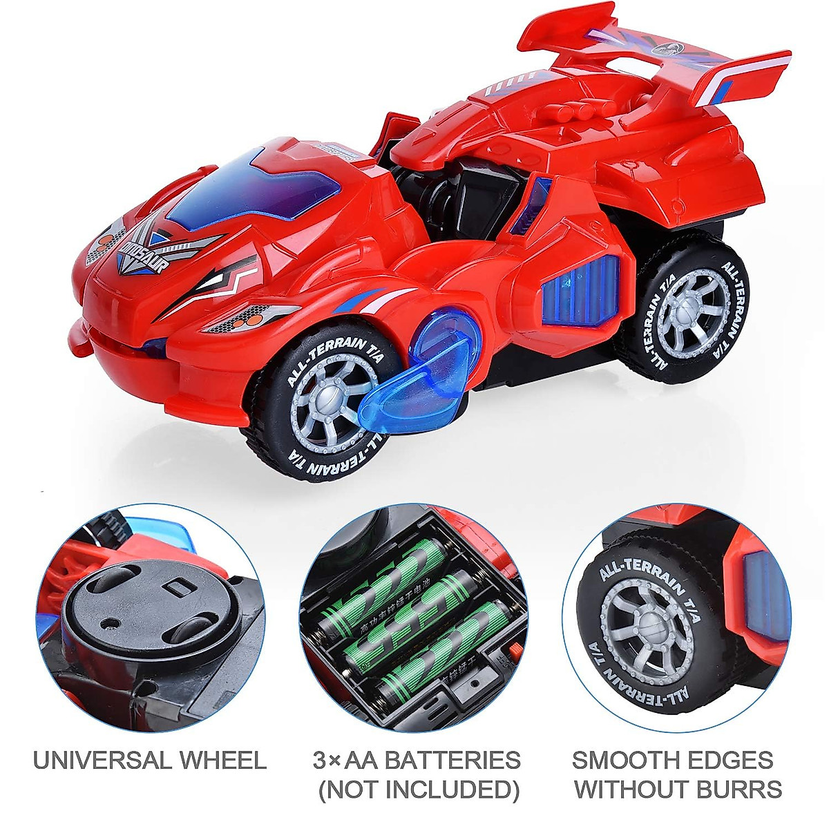 Sunnhan Transforming Toys, 2 in 1 Transforming Dinosaur LED Car Dinosaur Transform Car Toy Automatic Dinosaur Dino Transformer Toy Car Lamps for Kids,Toddlers ( Ages 3-12, Red)