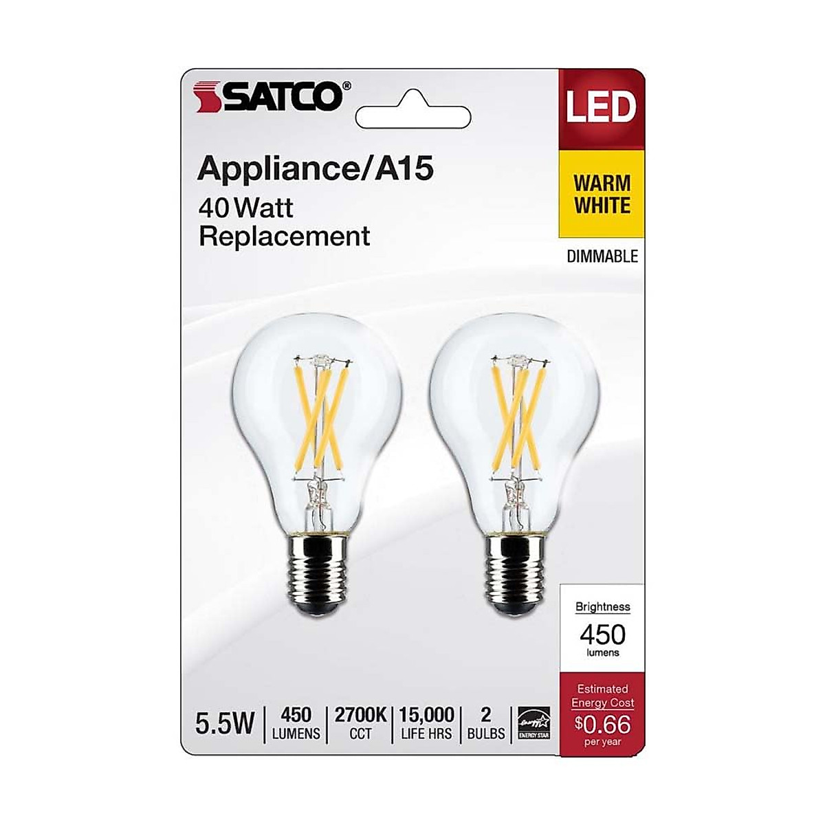 Satco S21872 5.5 Watt A15 LED Bulb, Clear, Intermediate Base, 2700K, 450 Lumens, 2-Pack