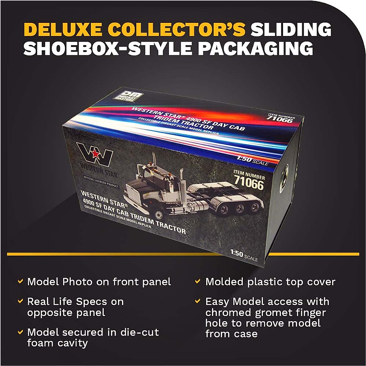 Diecast Masters Western Star 4900 SFFA Day Cab Tridem Tractor | Real Truck Specifications | 1:50 Scale Model Semi Trucks | Diecast Model by Diecast Masters 71066