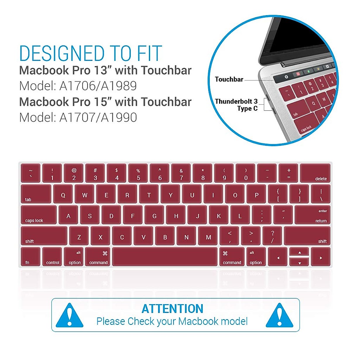 iBenzer Macaron Series Silicone Keyboard Cover for MacBook Pro 13’’ or 15’’ with Touch Bar (2018 2017 2016 Model: A1706 A1707 A1989 A1990), Wine Red, MKC05WR