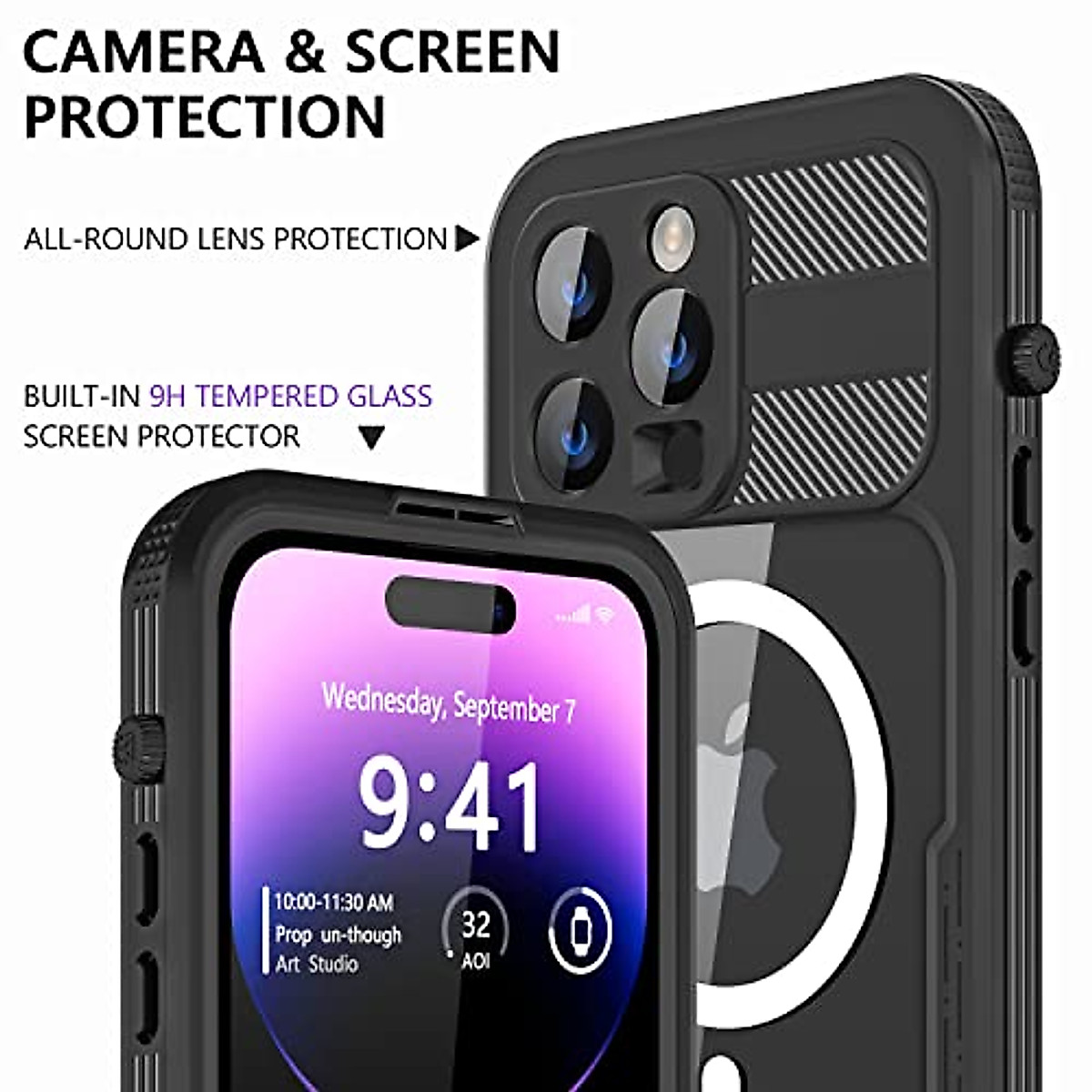 Protebox for iPhone 14 Pro Max Waterproof Case, Built-in 9H Tempered Glass Screen [12 FT Military Drop-Proof] [Full Body Shockproof Dustproof] Protective Phone Case 6.7" (Black/Clear)