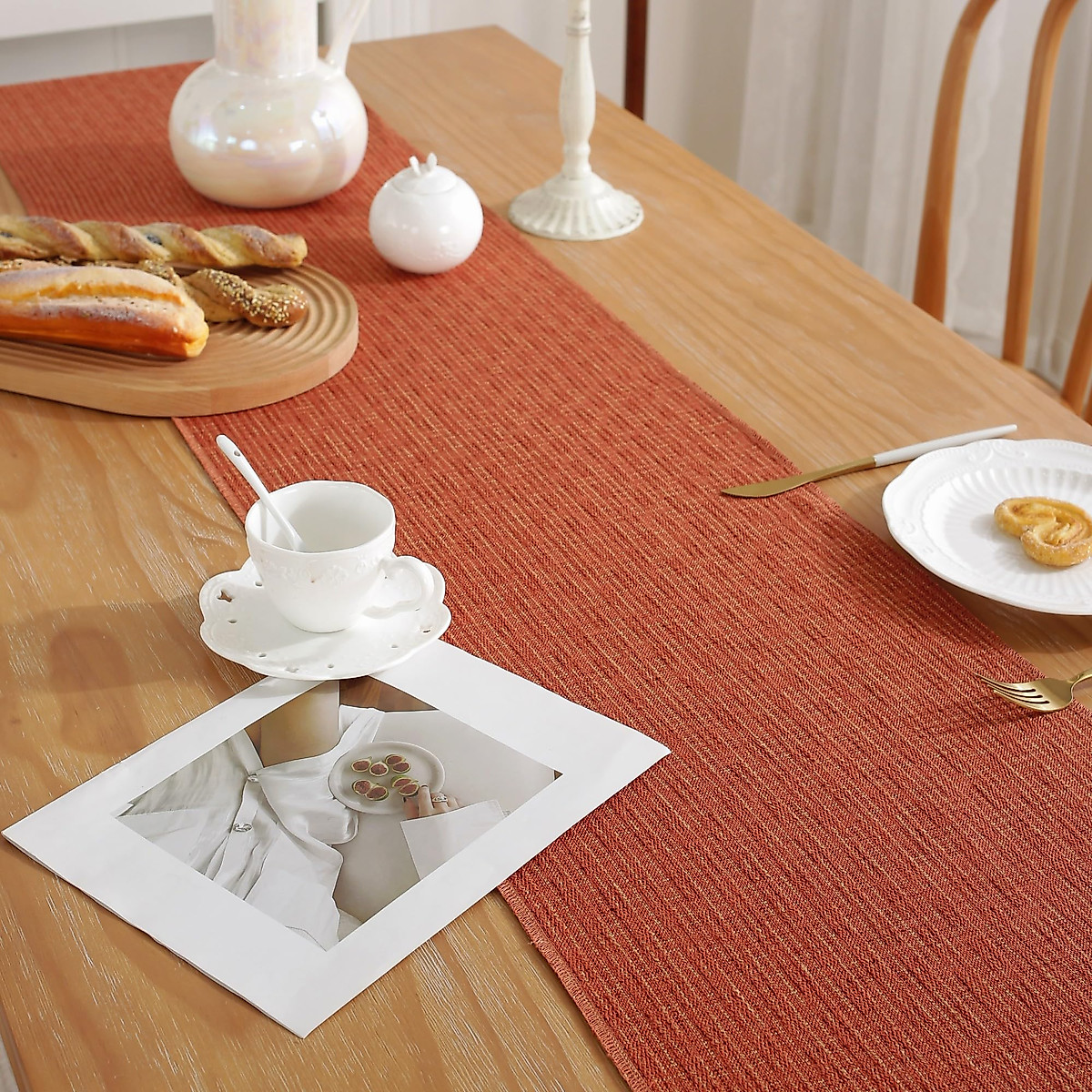 JIALE Fall Table Runner, Rustic Farmhouse Table Runners with Tassels 72 Inches Long, Boho Cotton Linen Table Runner for Table Decor, Holiday Party and Wedding, 13x72 Inches, Orange