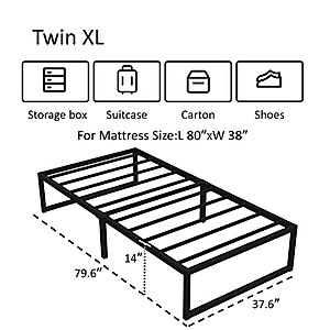 Richwanone 14 inch Twin XL Platform Bed Frame Heavy Duty Metal Mattress Foundation with Steel Slat Support, No Box Spring Needed, Easy Assembly, Black