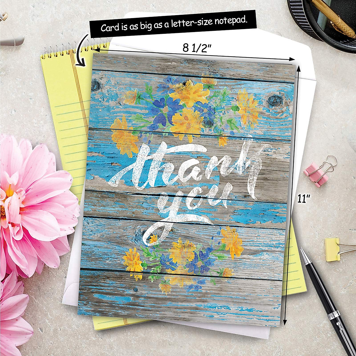 The Best Card Company - 1 Big Thank You Greeting Card (8.5 x 11 Inch) - Group Card for Showing Thanks, Appreciation, Gratitude - Blooming Driftwood J6108CTYG