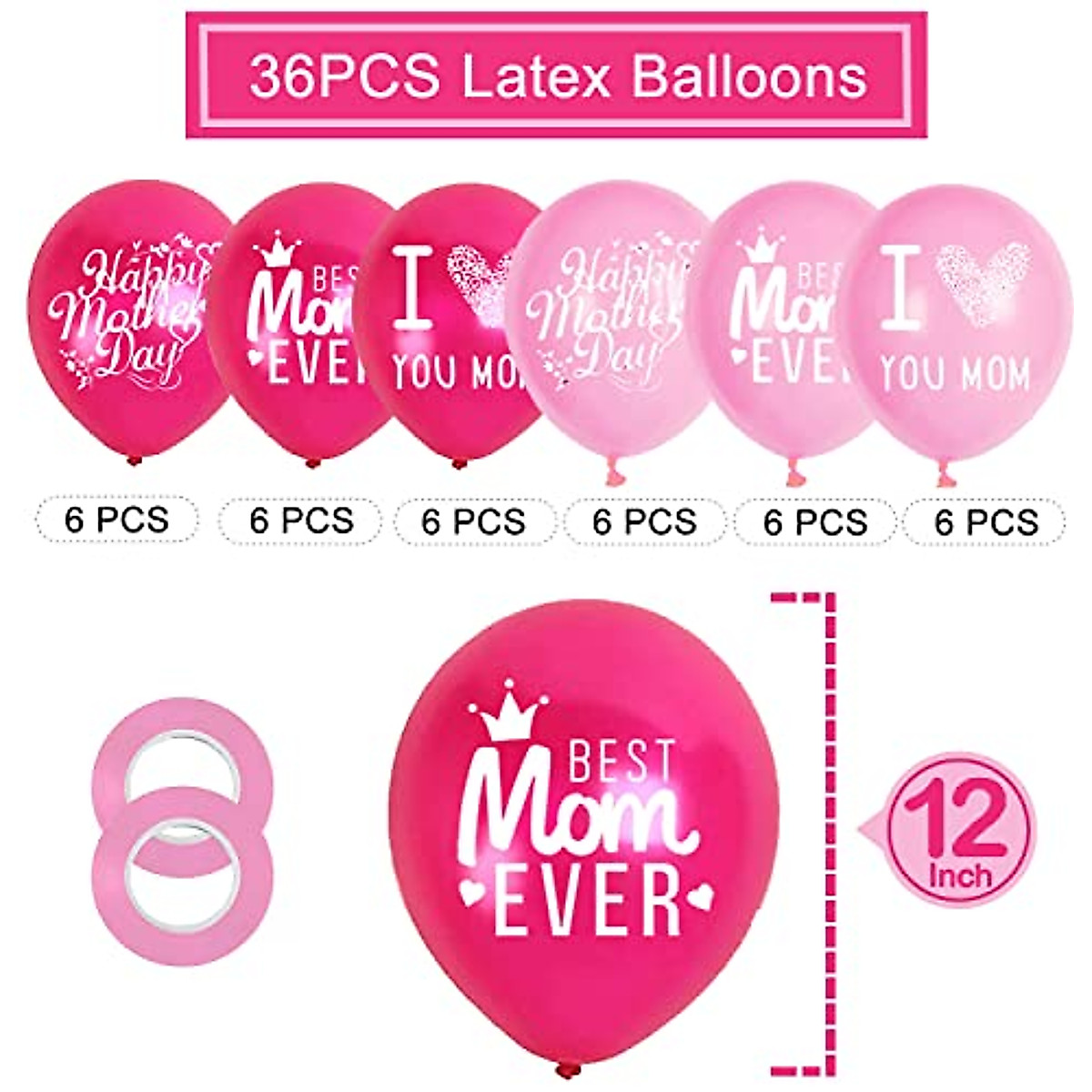 Happy Mother's Day Balloons Party Decorations Supplies - 48PCS Latex 12inch Mothers Day Party Supplies - Best Mom Ever Party Decorations