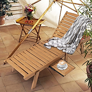 FURNDOOR Wood Chaise Lounge Chair Recliner - Adjustable Pool Lounge Chair with 4 Positions Backrest, Pull-Out Tray for Garden Beach Patio (Natural)