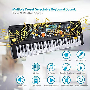 Pyle Digital Electronic Musical Keyboard-Kids Learning Keyboard 49 Keys Portable Electric Piano w/Drum Pad,Recording,Rechargeable Battery,Microphone-Pyle PKBRD4112 Black