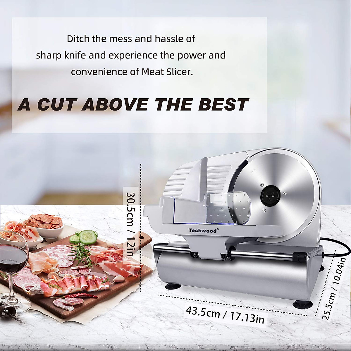 Techwood Electric Meat Slicer, 200W Electric Deli Food Slicer with 9” Removable Stainless Steel Blade & Adjustable Thickness Dial, for Home Use, Ideal for Meat Jerky, Hard Cheese, Vegetables & Bread