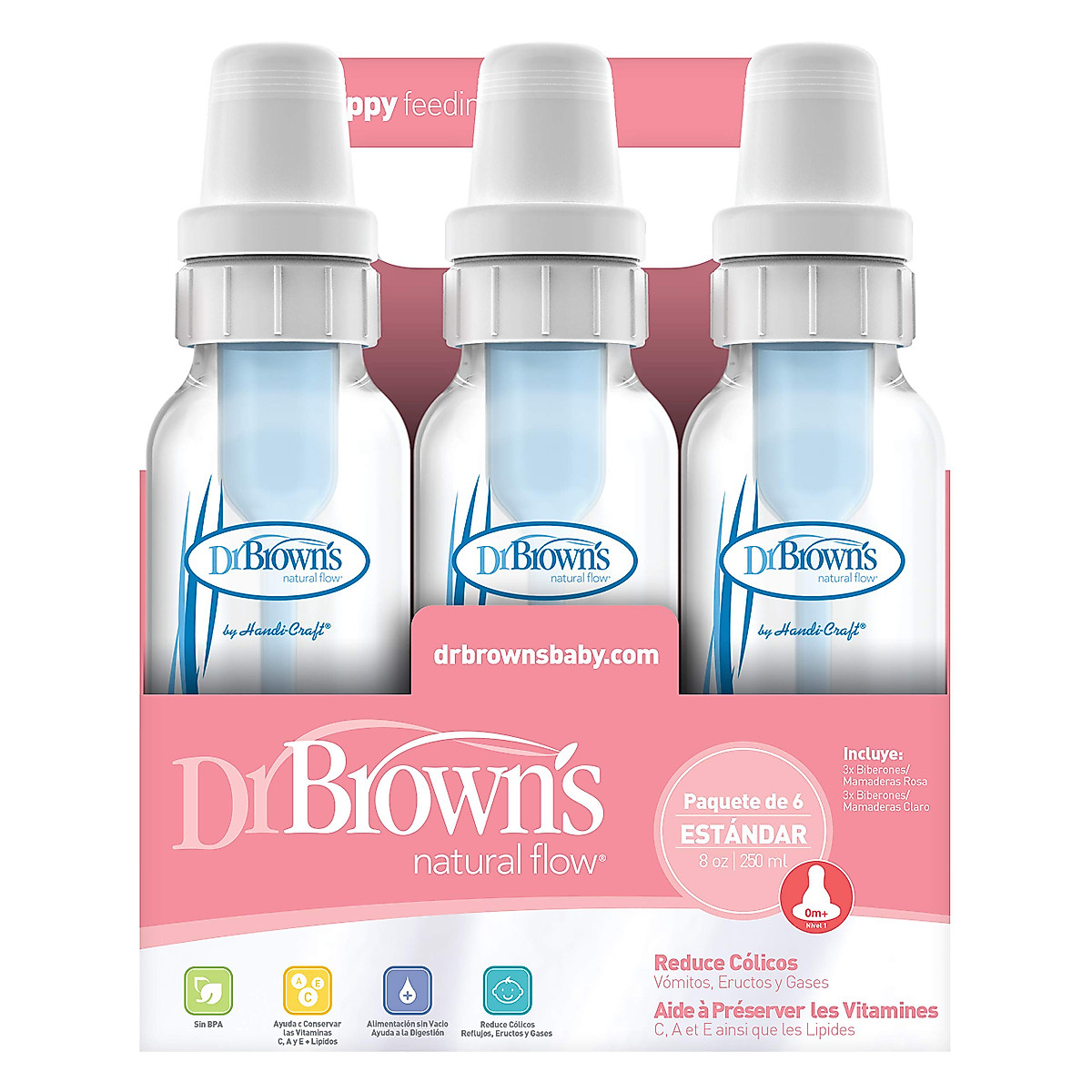 Dr. Brown's Original Baby Bottles, 8oz/250ml, Narrow Bottle, Pink and Clear, 6 Count