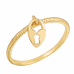 Modern Contemporary Rings 10k Yellow Gold Love Heart Lock Dangle Rope Style Ring (Size 8)