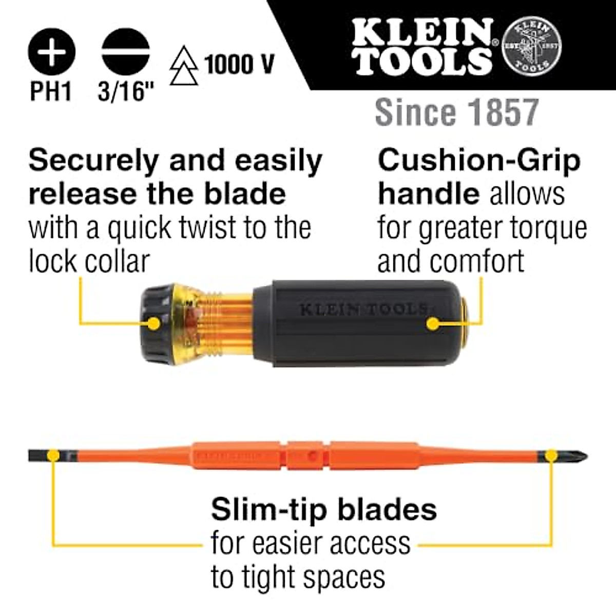 Klein Tools 32286 Insulated Screwdriver, 2-in-1 Screwdriver Set with Flip Blade, #1 Phillips and 3/16-Inch Slotted Tips, Double-Ended Blades