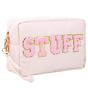 oaesc Nylon Cosmetic Bag Chenille Letter Patches Waterproof Travel Pouch Snack Makeup with Wrist Strap for Women (Beige-STUFF)