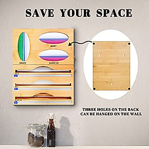 Foil and Plastic Wrap Organizer with Ziplock Bag Organizer, 6 in 1 Plastic Wrap Dispenser with Cutter, Bamboo Ziplock Bag Storage Organizer for Kitchen Drawer, For Gallon,Quart,Sandwich,Snack,13” Roll