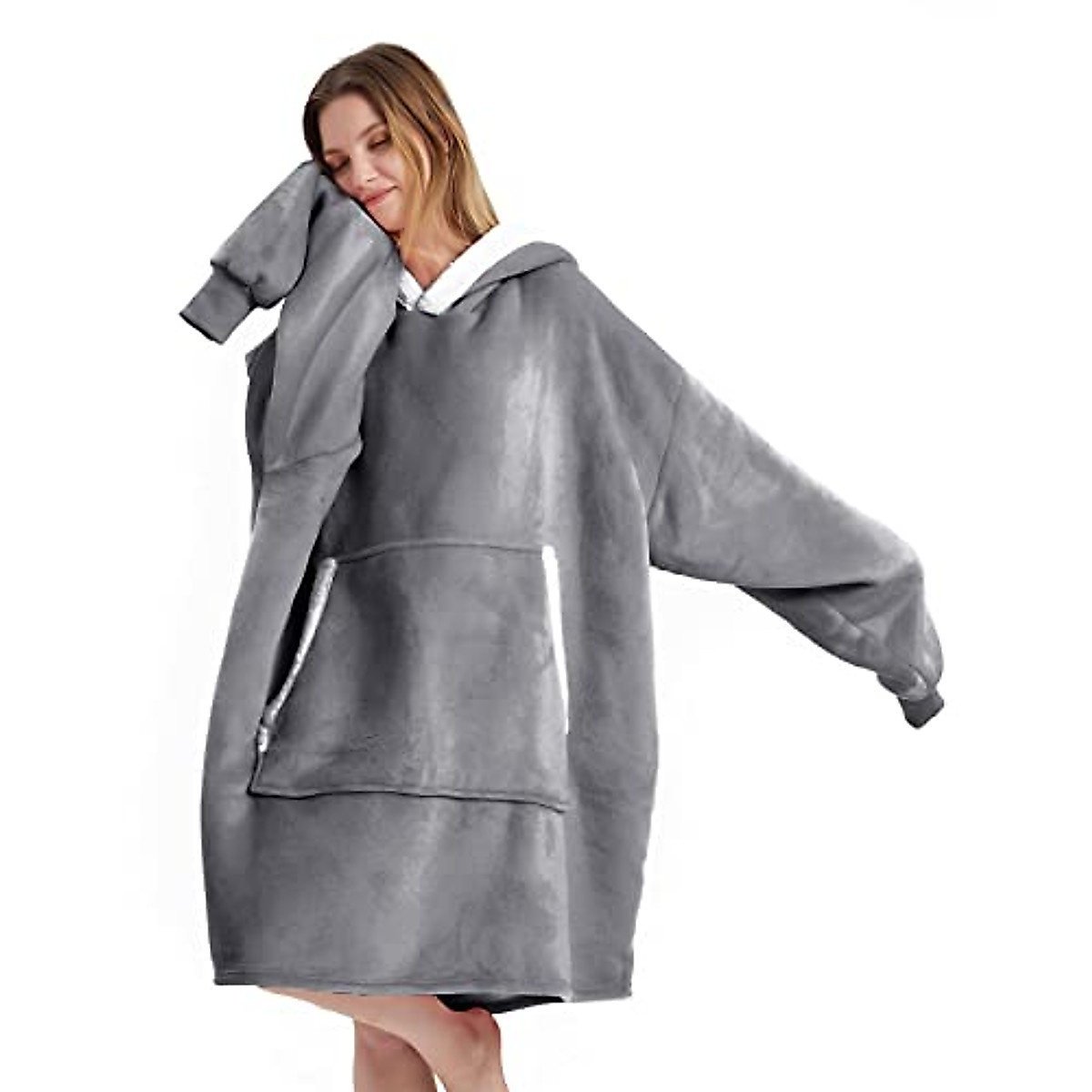 XYNHML Oversized Wearable Blanket Flannel Sherpa Fleece Giant Hoodie Blanket Light Grey Stitch Blanket Hoodie Sweatshirt Blanket with Sleeves and Giant Pocket